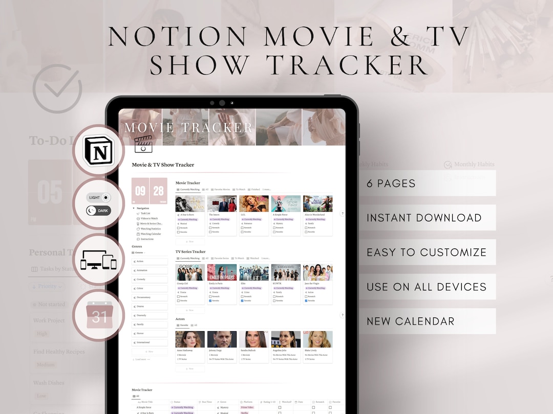 Movie & TV Show Tracker Notion Template | Digital Household Planner ...