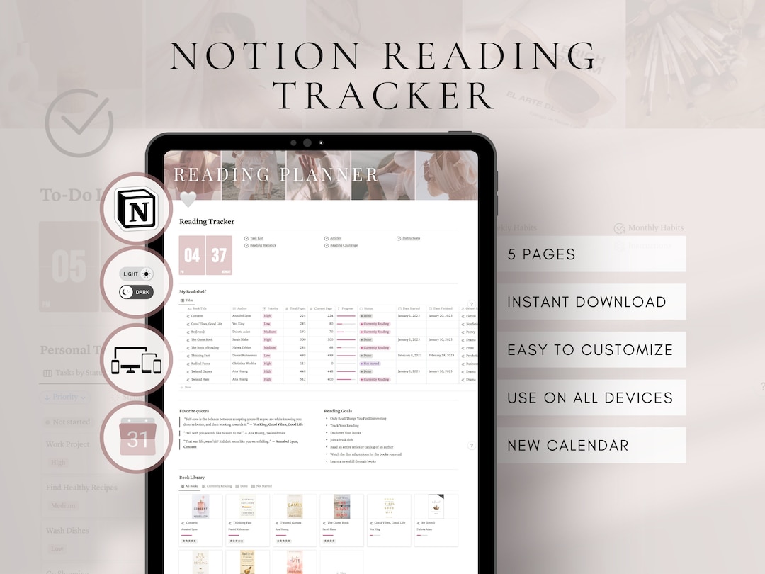 Digital Reading Tracker Template for Notion | Book Tracker Notion ...