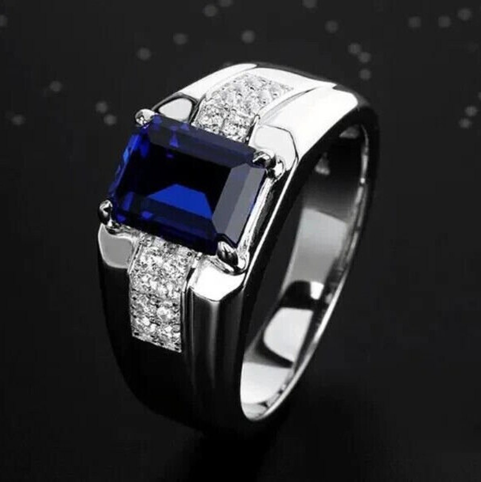 Men's Sapphire Ring, Men's Engagement Ring, 14K White Gold, 1.6 Ct ...