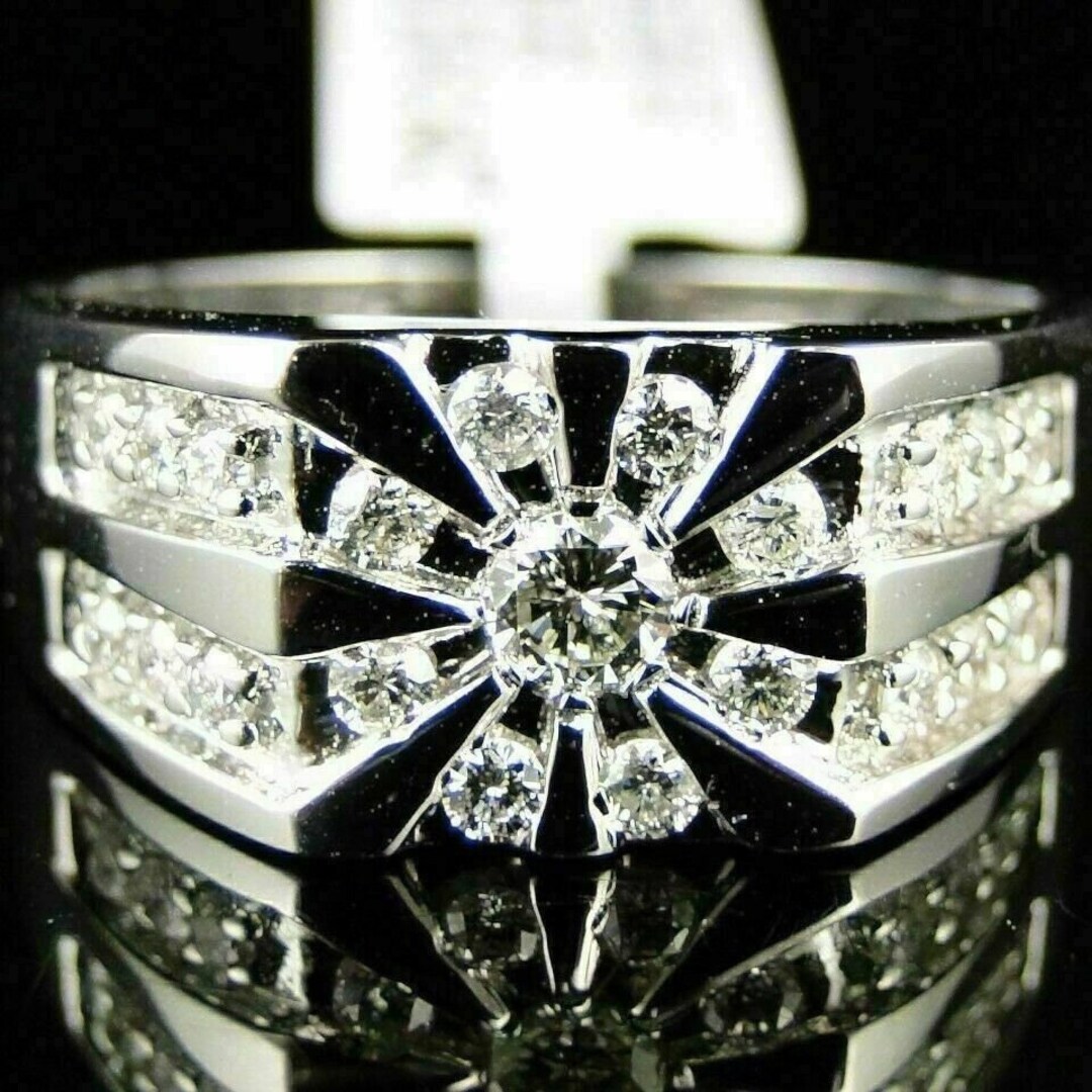 Men's Sunburst Diamond Ring, Men's Floral Wedding Ring, 14K White Gold ...