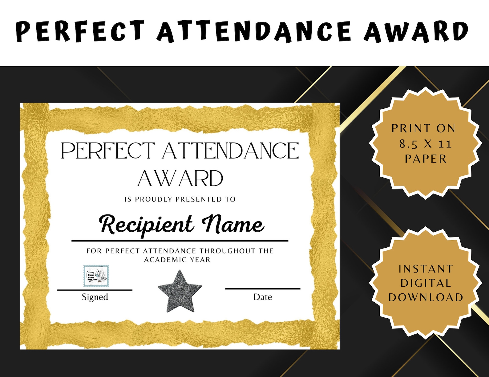 Perfect Attendance Award Gold Perfect Attendance Certificate Attendance ...