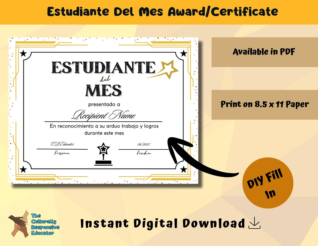 Estudiante Del Mes Certificate | Spanish Student of the Month Award ...