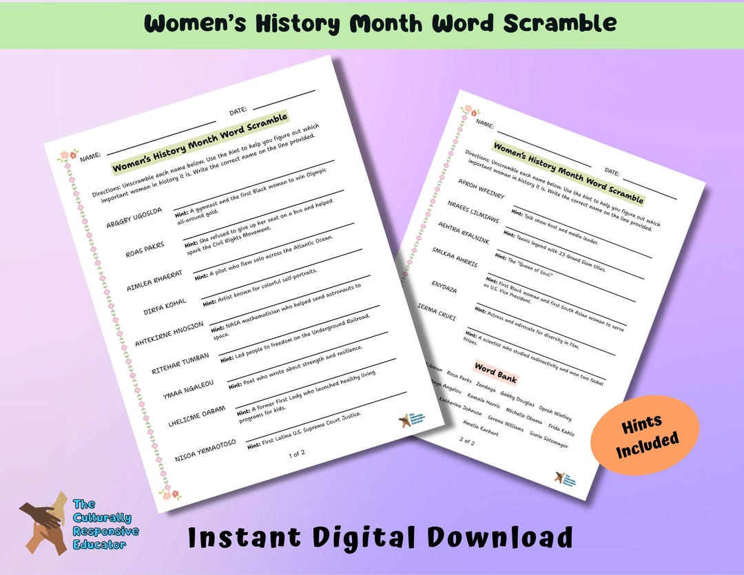 Women’s History Month Word Scramble | Printable Famous Women Activity ...