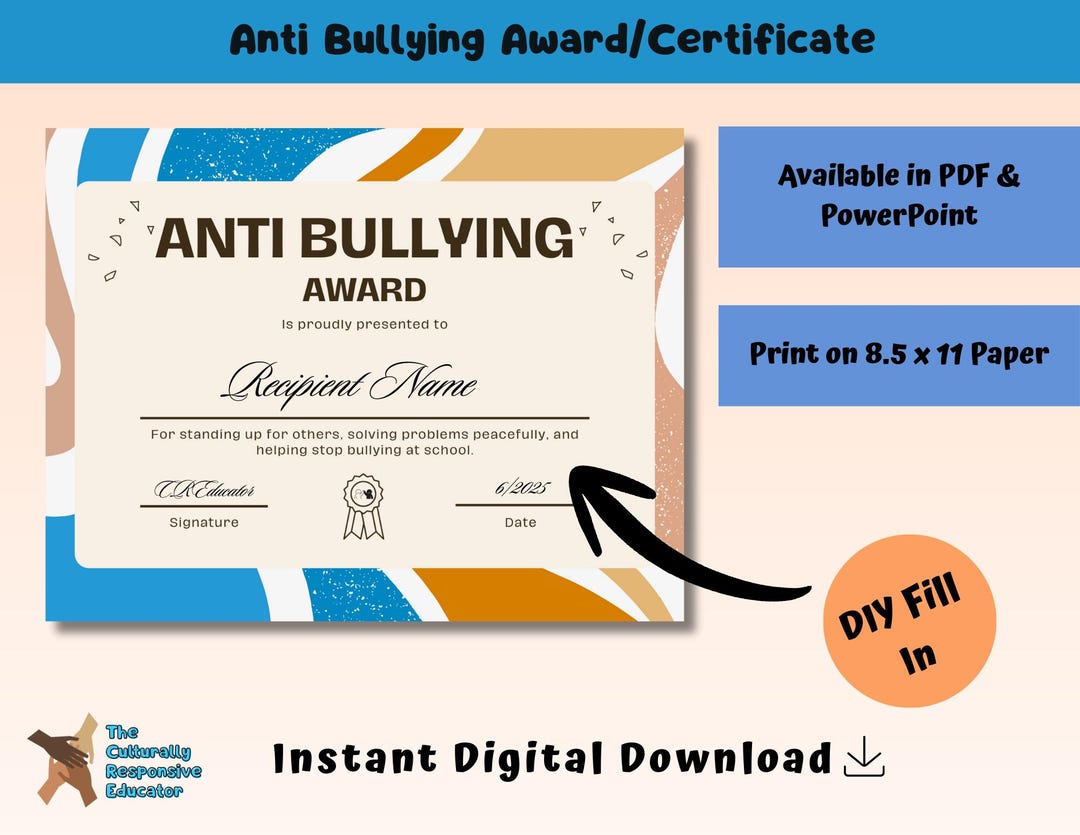 Anti-bullying Award Certificate: SEL Classroom Printable (PDF ...