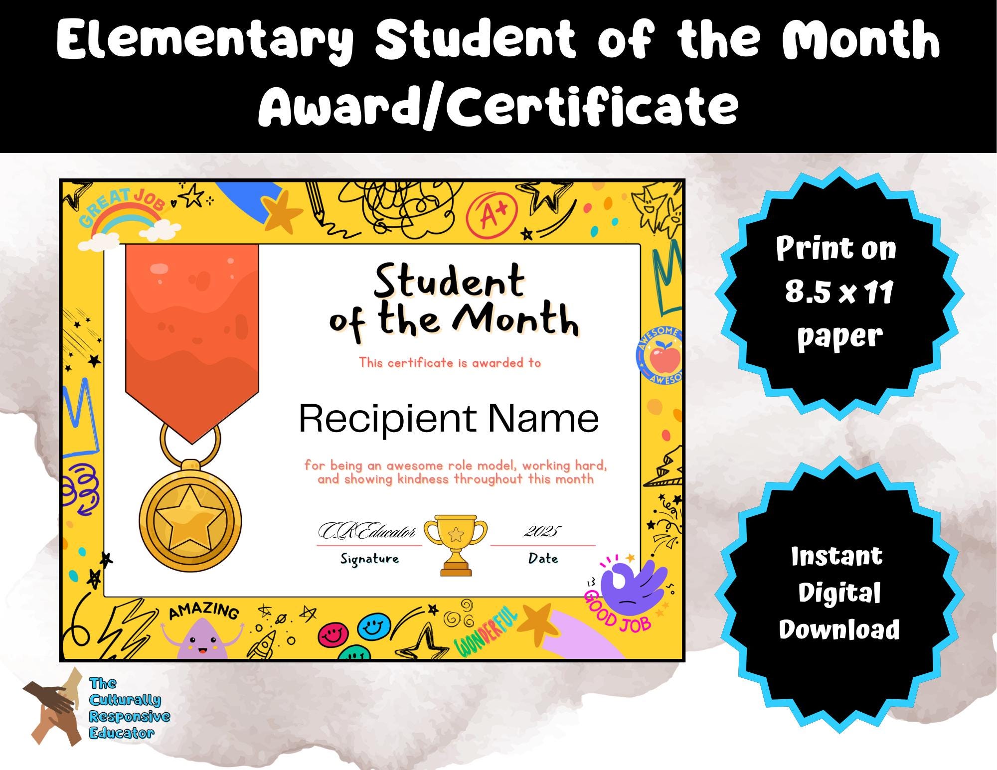 Elementary Student of the Month Certificate Award - Etsy