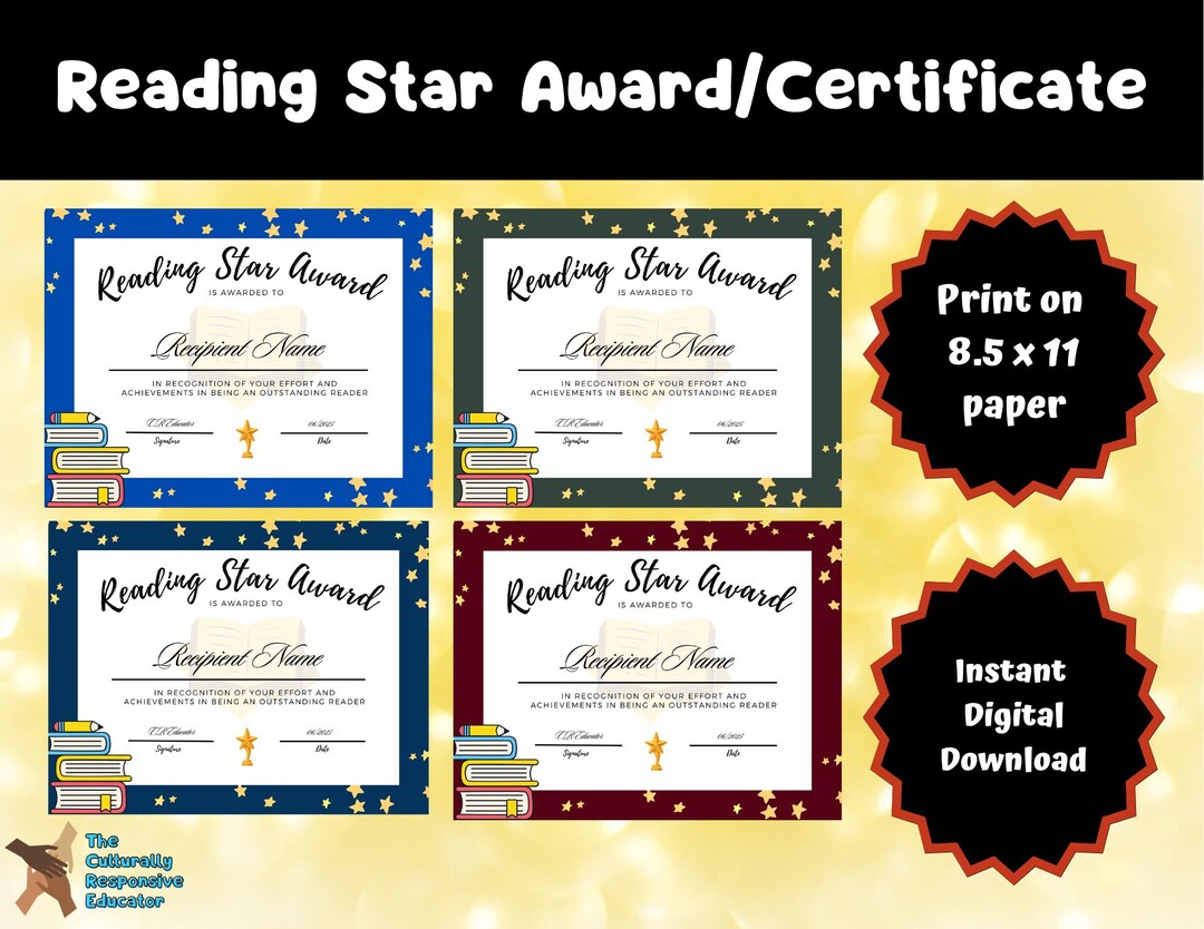 Reading Star Award Certificates: DIY Fill-in, 4 Color Options (PDF ...