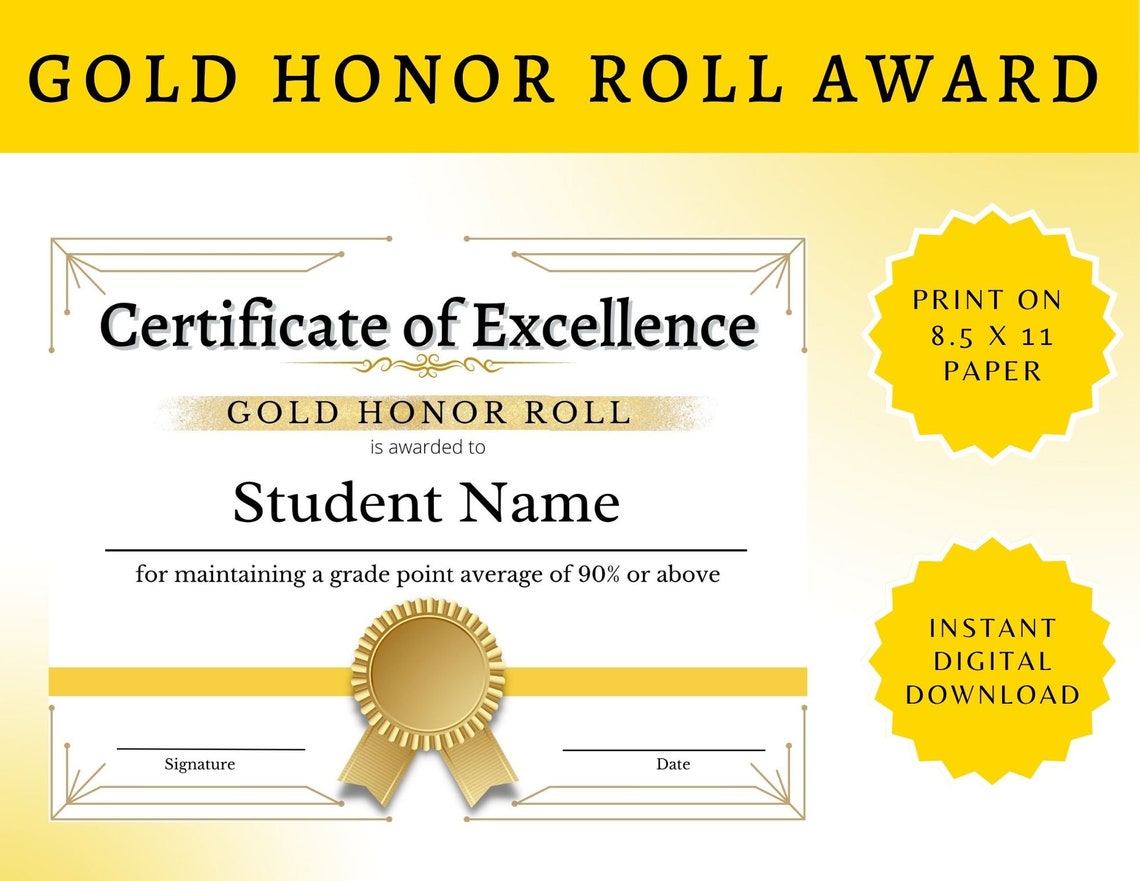 Gold Honor Roll Certificate, Gold Honor Roll Award, Non-editable Fill ...