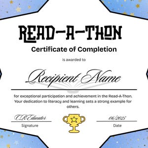 Read-a-thon Award Certificate | Printable & Editable Reading Award ...