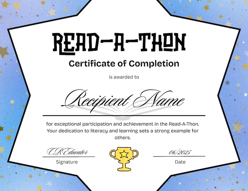 Read-a-thon Award Certificate | Printable & Editable Reading Award ...