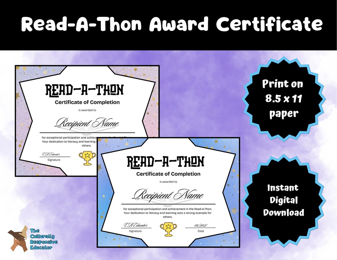 Read-a-thon Award Certificate | Printable & Editable Reading Award ...