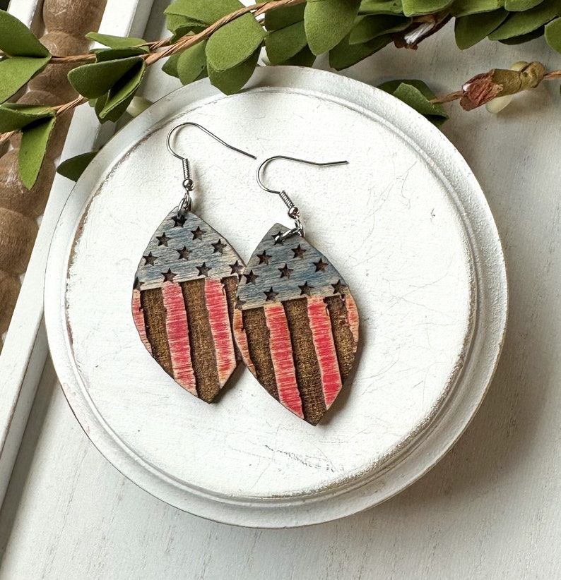 Patriotic Wood American Flag Earrings Statement Earrings - Etsy
