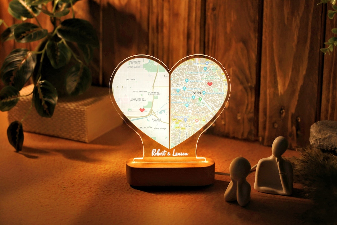 Custom Two Location Heart Night Light - Personalized Map Print ...