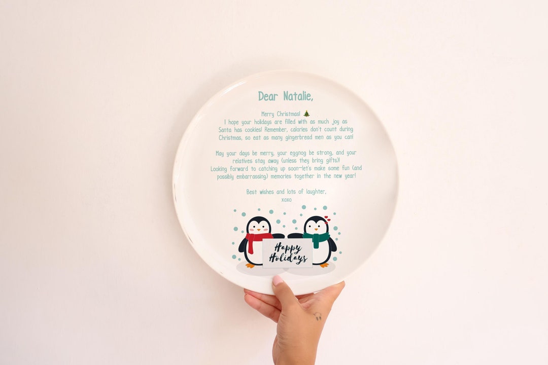 Custom Kids Message Porcelain Plate Christmas Penguin Custom Holiday ...