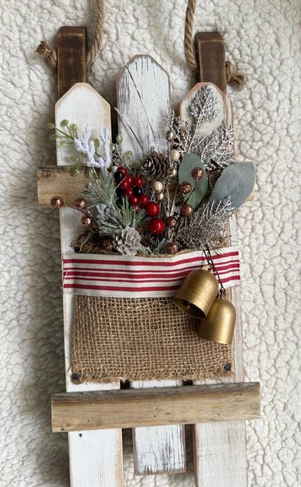Christmas Sled Decor, Rustic Wood Sled With Christmas Stems in a Burlap ...