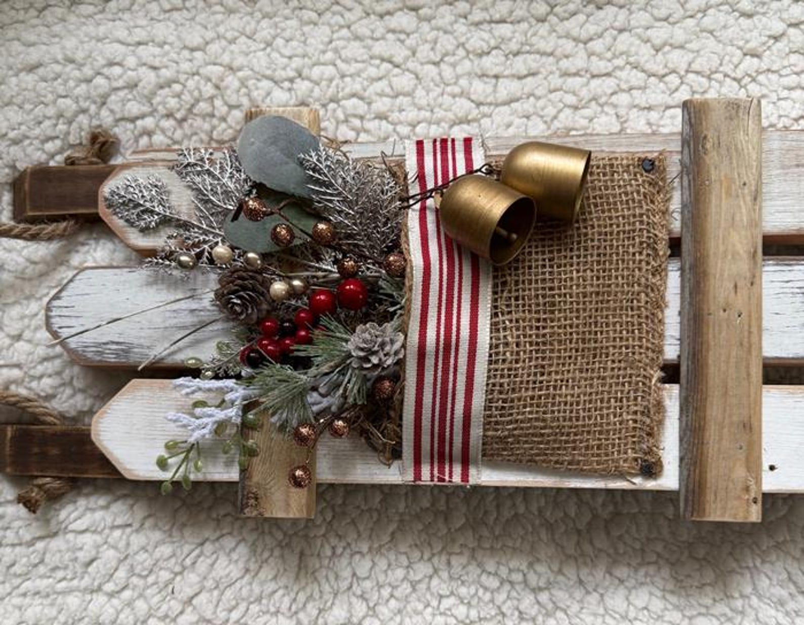 Christmas Sled Decor, Rustic Wood Sled With Christmas Stems in a Burlap ...