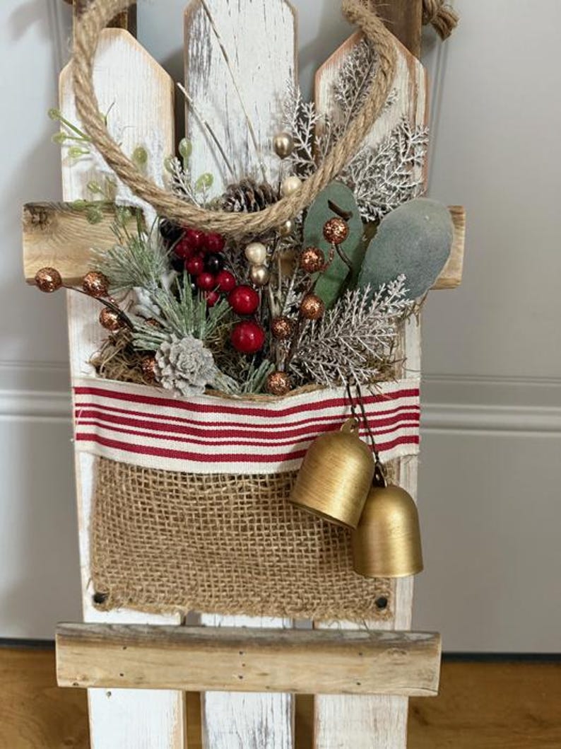 Christmas Sled Decor, Rustic Wood Sled With Christmas Stems in a Burlap ...