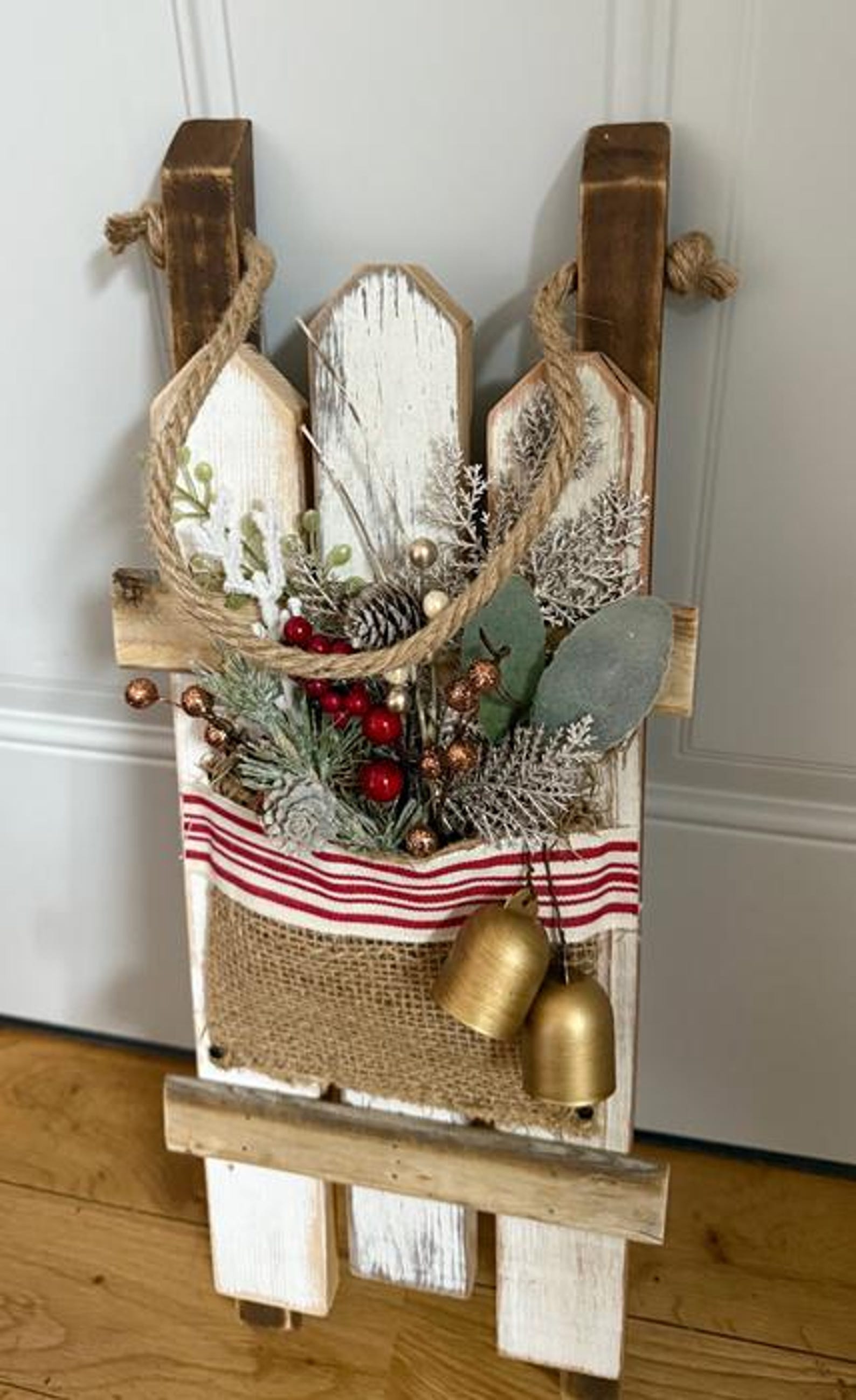 Christmas Sled Decor, Rustic Wood Sled With Christmas Stems in a Burlap ...