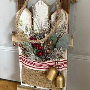 Christmas Sled Decor, Rustic Wood Sled With Christmas Stems in a Burlap ...