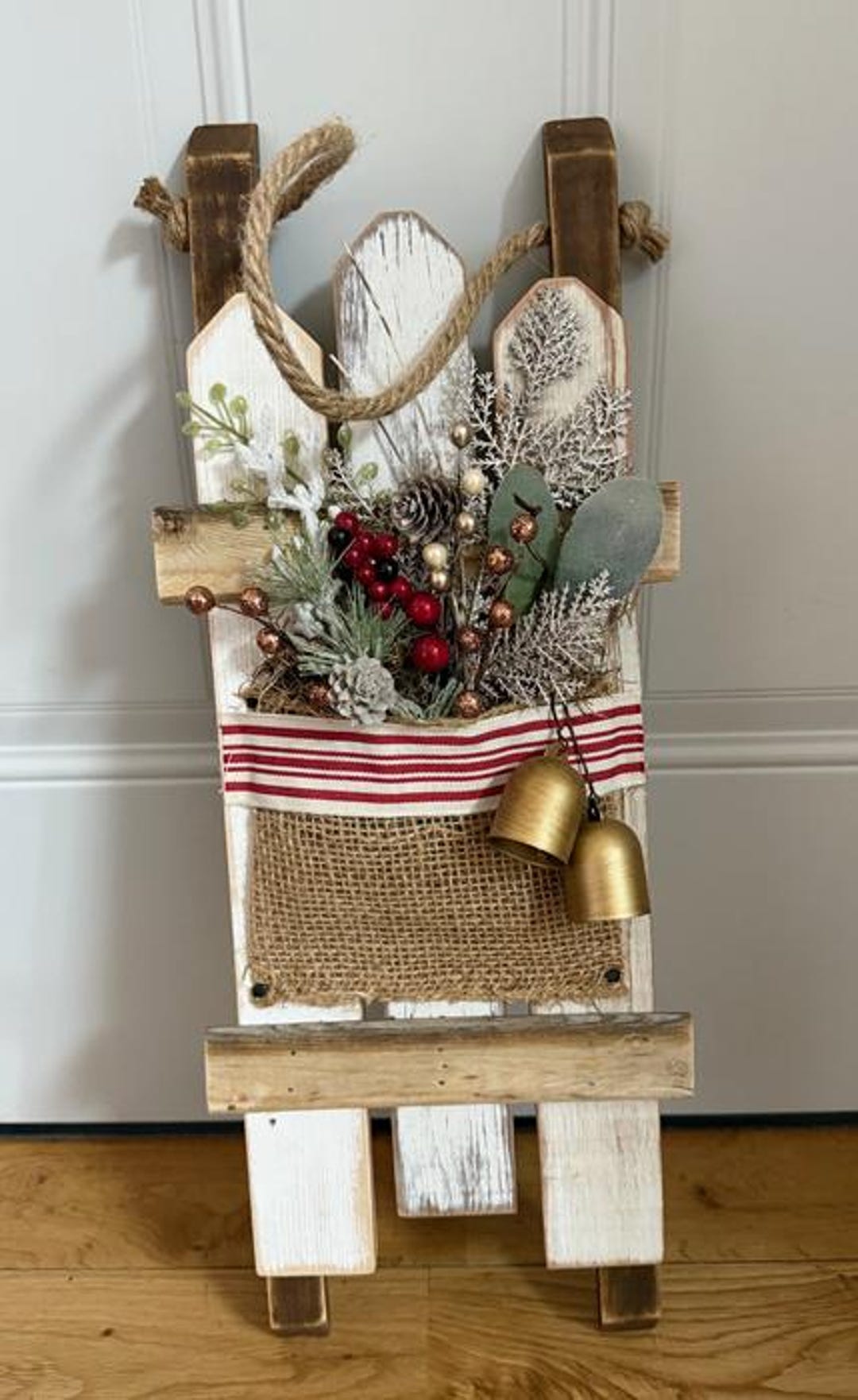 Christmas Sled Decor, Rustic Wood Sled With Christmas Stems in a Burlap ...