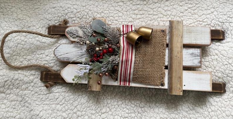 Christmas Sled Decor, Rustic Wood Sled With Christmas Stems in a Burlap ...