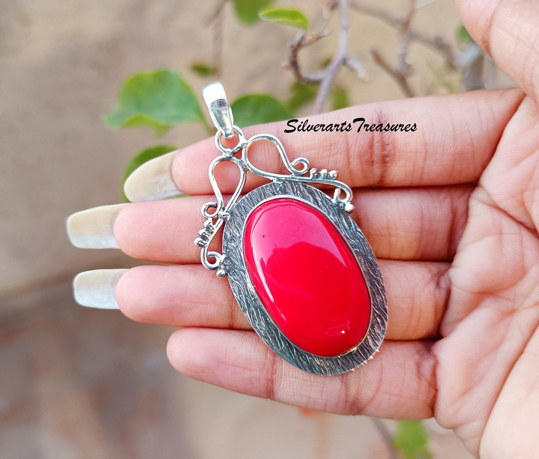 Handmade Red Coral Sterling Silver Pendant: Boho Gemstone Jewelry - Etsy