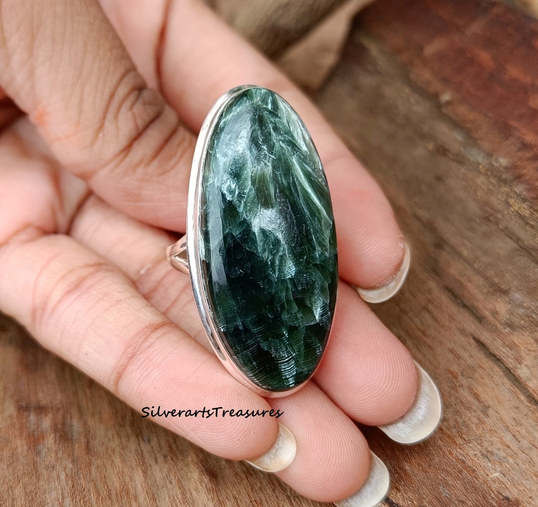 Green Seraphinite Ring, Big Stone Ring, 925 Sterling Silver Ring, Party ...