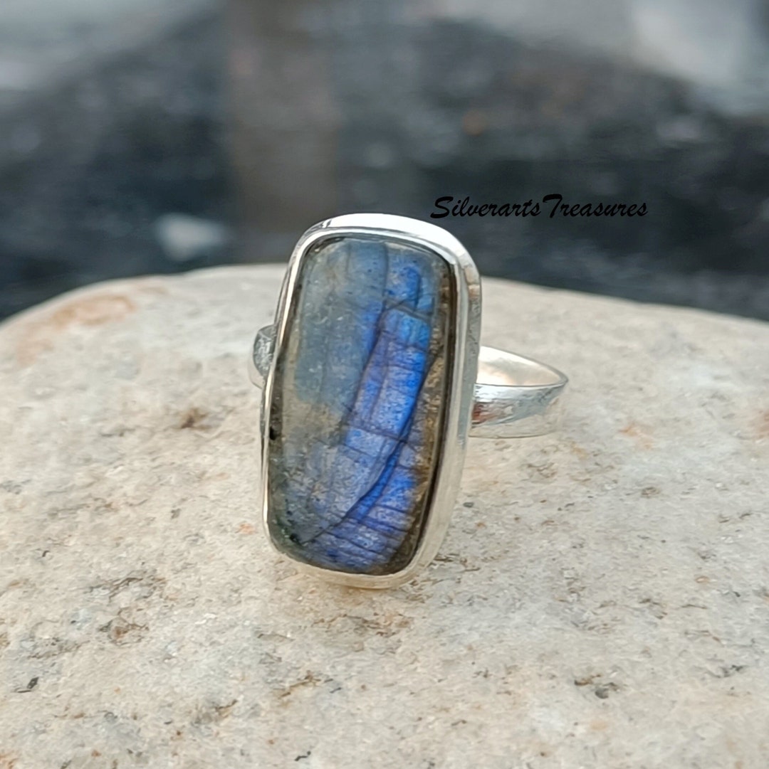 Handmade Rectangle Blue Fire Labradorite Ring, 925 Sterling Silver - Etsy