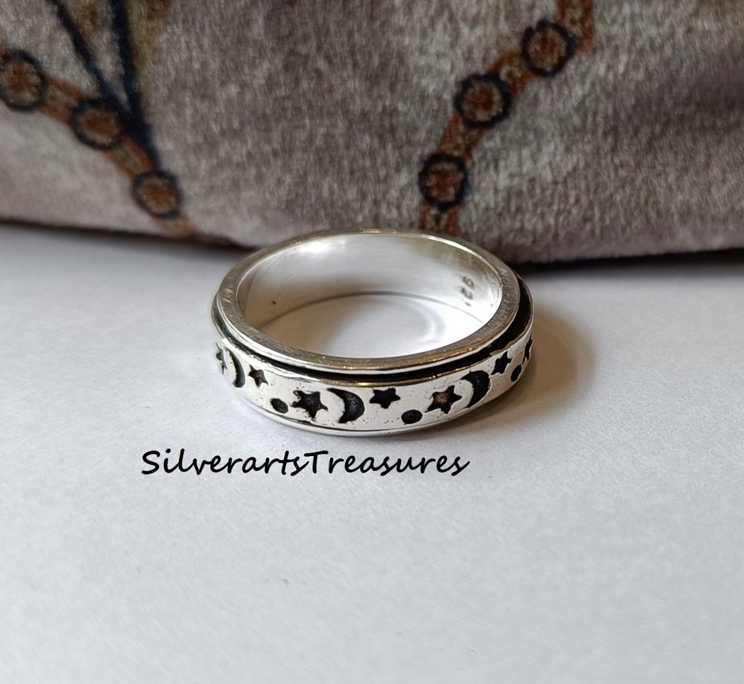 Star Moon Spinner Ring, 925 Sterling Silver, Hammered Spinner Ring ...