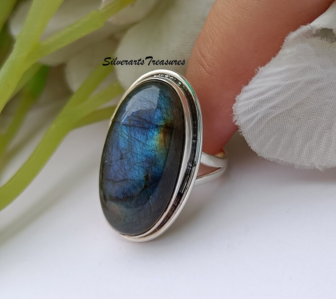 Large Labradorite Silver Ring, Rings for Women, Boho Ring, 925 Solid ...