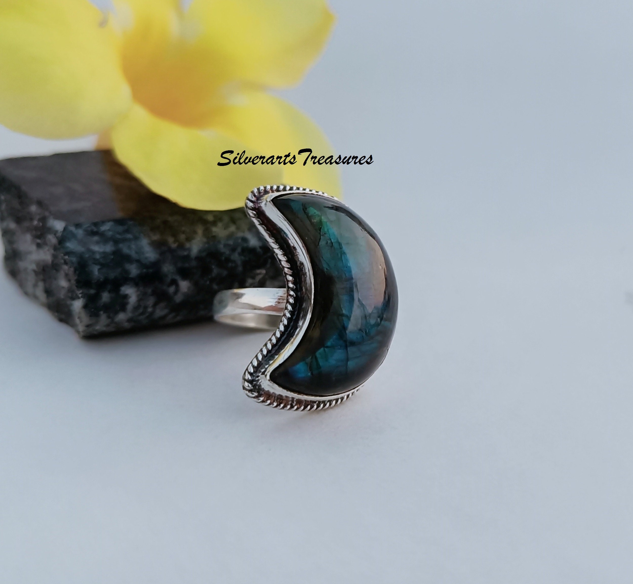 Labradorite Moon Shape Ring 925 Sterling Silver Blue Fire - Etsy