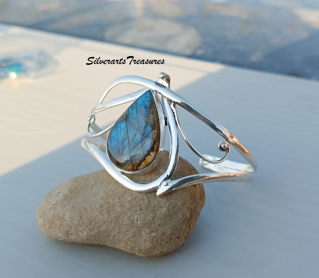 Labradorite Bangle-solid 925 Sterling Silver Pear Stacking Bangle, Adjustable Open Cuff Bangle ...