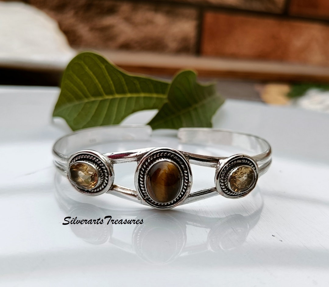 Tiger Eye Bangle, 925 Sterling Silver Bangle, Citrine Bangle, Bohemian ...