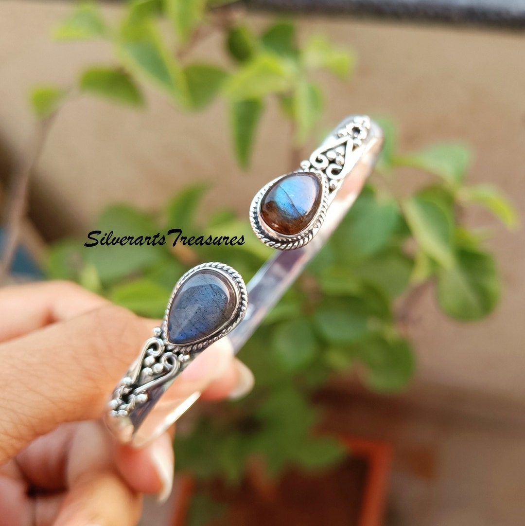 Blue Fire Labradorite Bangle, 925 Sterling Silver, Labradorite Bracelet, Adjustable Bangle ...