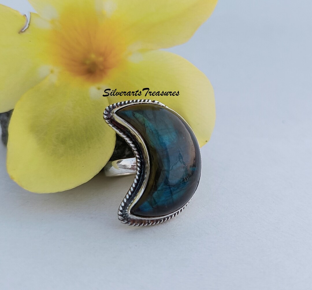 Labradorite Moon Shape Ring, 925 Sterling Silver, Blue Fire Labradorite ...