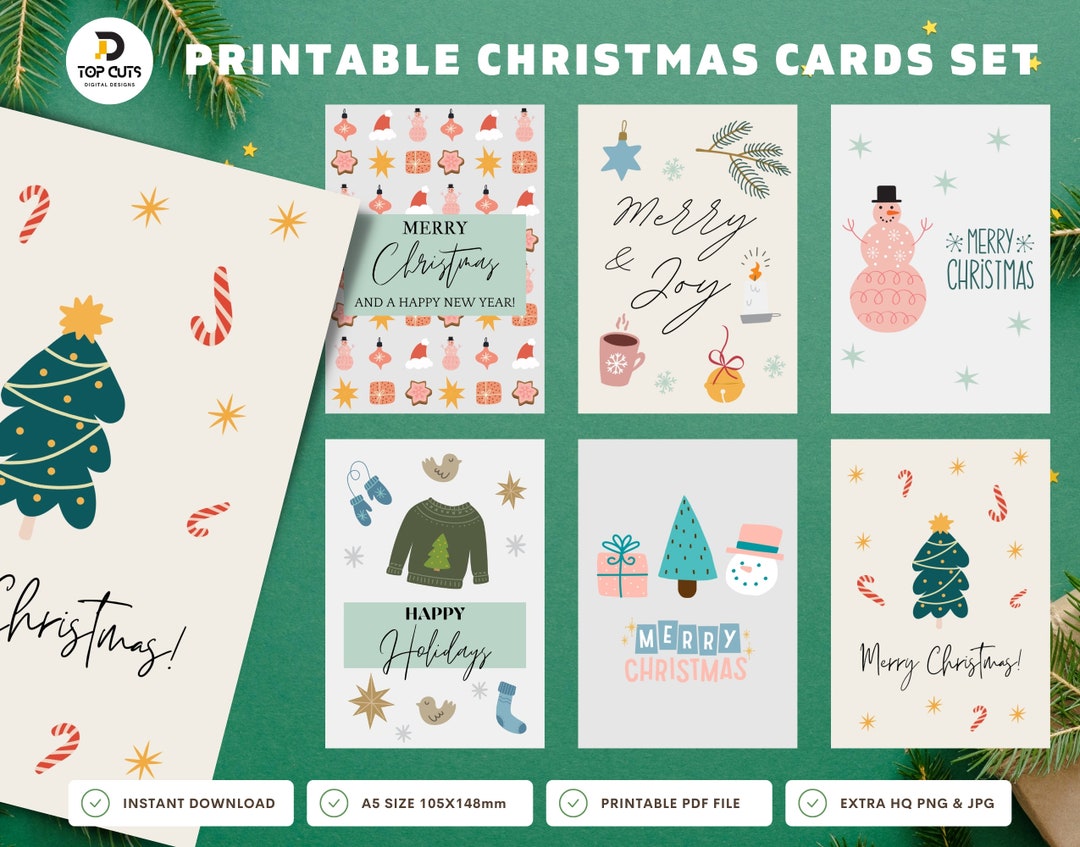 Boho Printable Christmas Cards Set of 6 Happy Holidays Card Merry ...