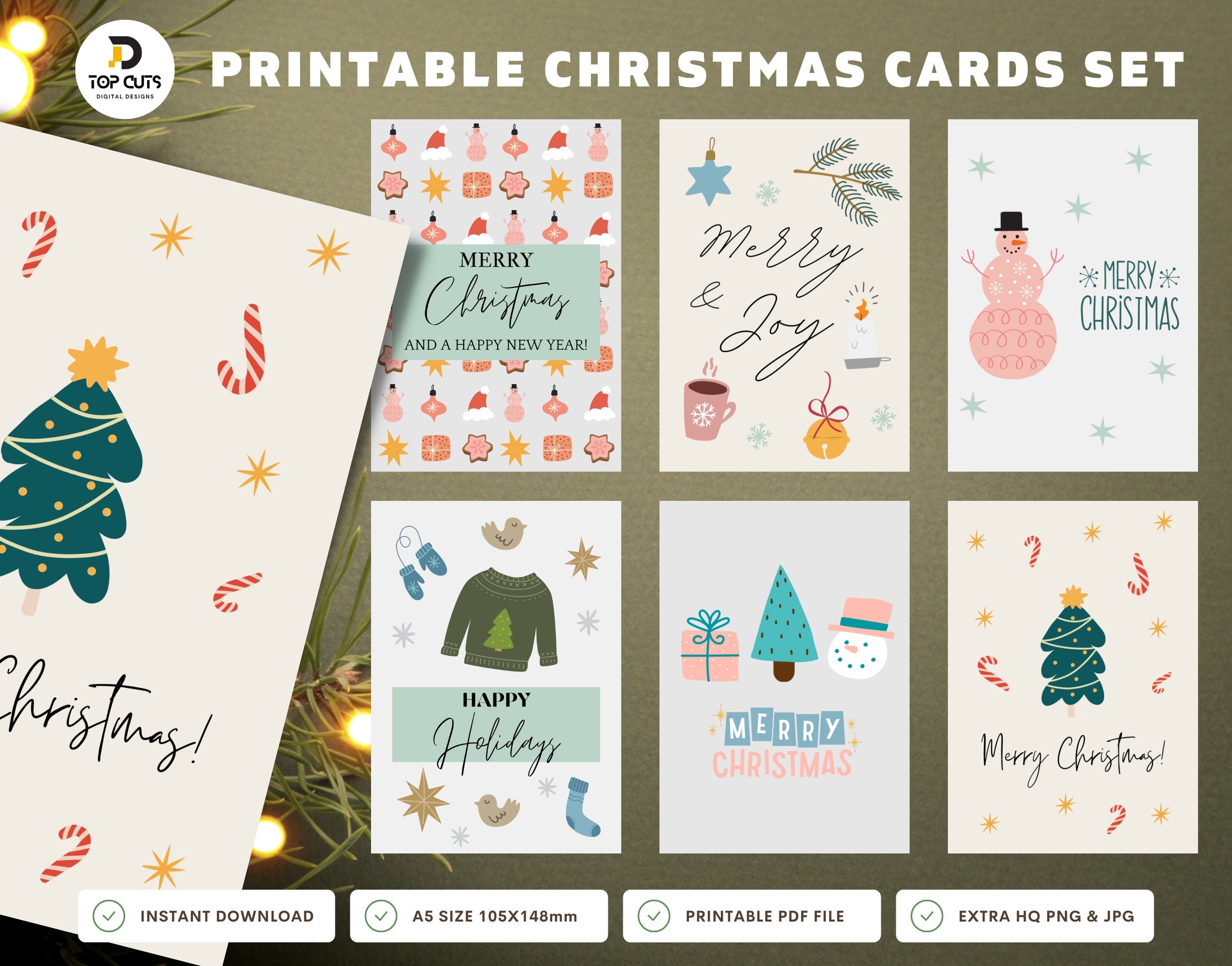 Boho Printable Christmas Cards Set of 6 Happy Holidays Card - Etsy