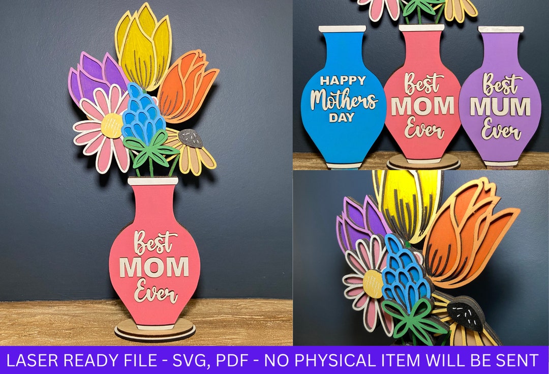 DIGITAL FILE, Mothers Day Flowers & Vase With Stand SVG File, Multi ...