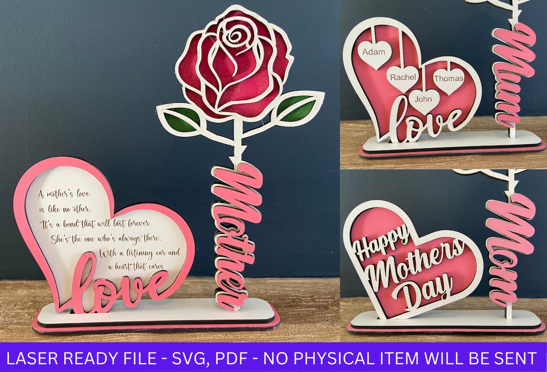 DIGITAL FILE, Mothers Day Rose & Heart With Stand SVG File, Gifts for ...