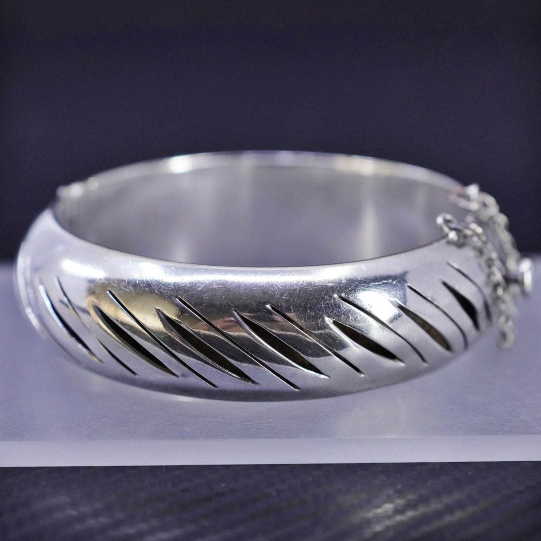 7.5”, Vintage Mexico Sterling Silver 925 Wide Hinged Bangle, Bracelet ...
