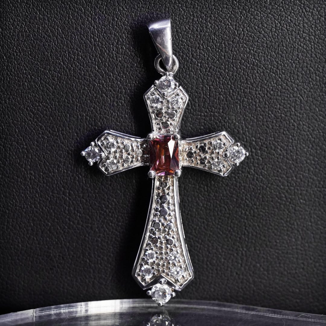 Vintage Sterling Silver 925 Cross Pendant With Pink Crystal and Cluster ...