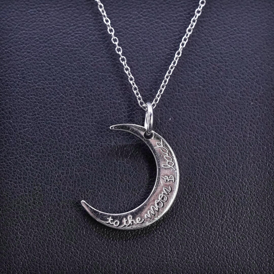 Vintage Sterling Silver Box Chain Necklace: Moon Embossed Pendant - Etsy