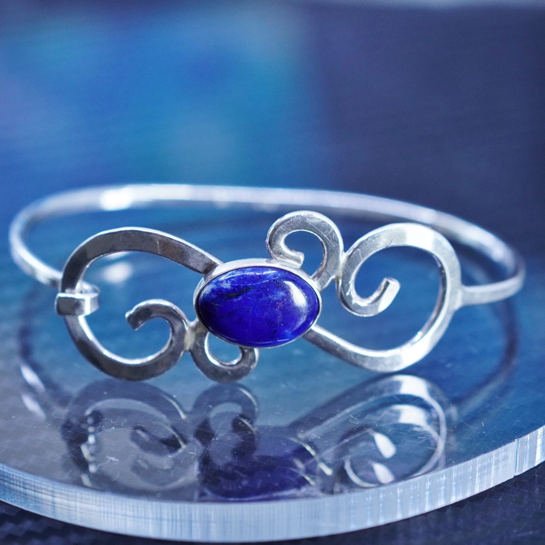 6”, Vintage Native American RLC Sterling Silver 925 Hinged Bangle, Bracelet With Lapis Lazuli ...