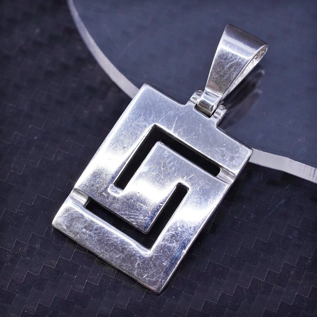 Vintage Sterling Silver 925 Handmade Greek Key Patterned Square Pendant ...