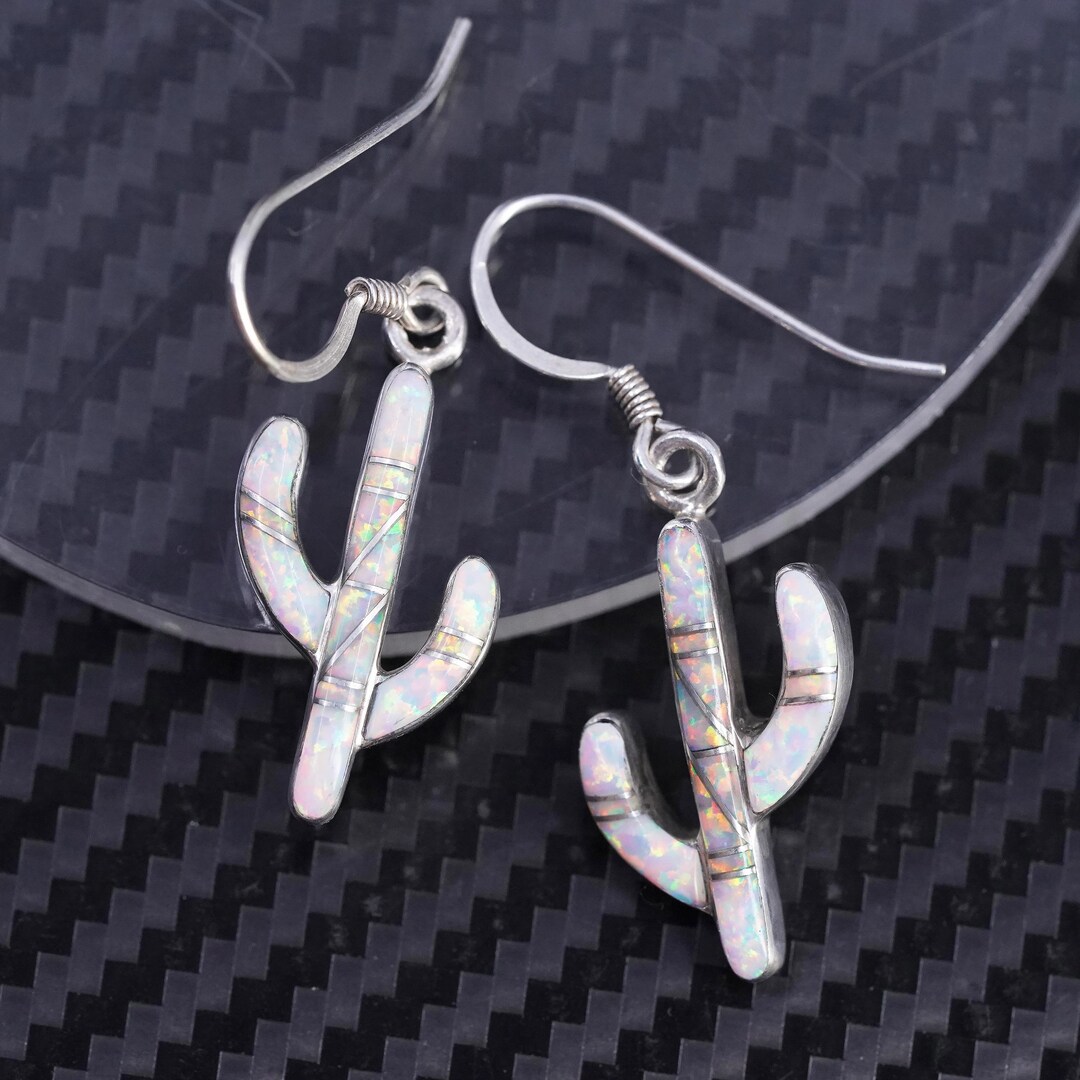 Native American Zuni JA Sterling Silver 925 Cactus Earrings With Opal ...