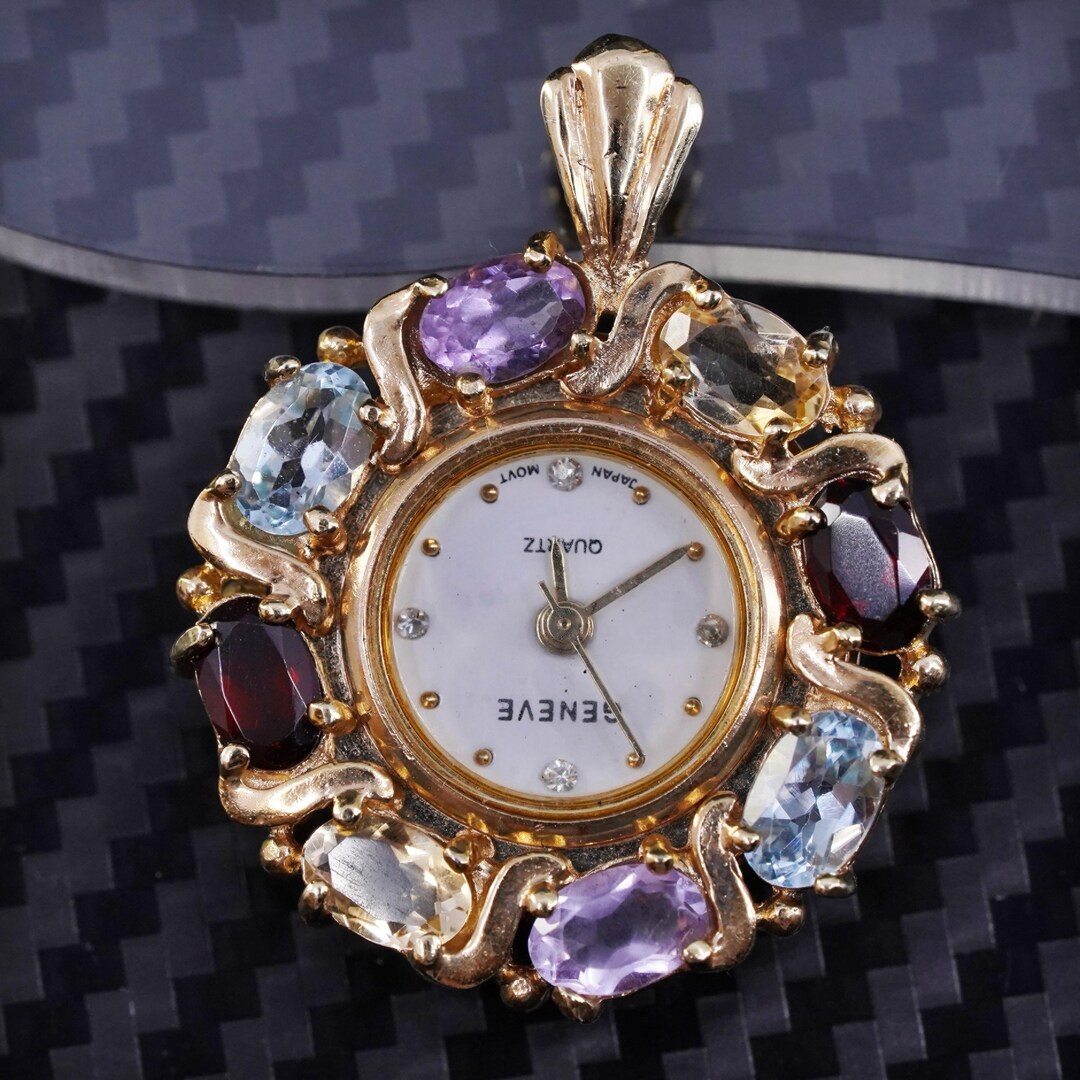 Vintage JASCO Watch Pendant Gold Over Sterling 925 Silver Blue Topaz ...