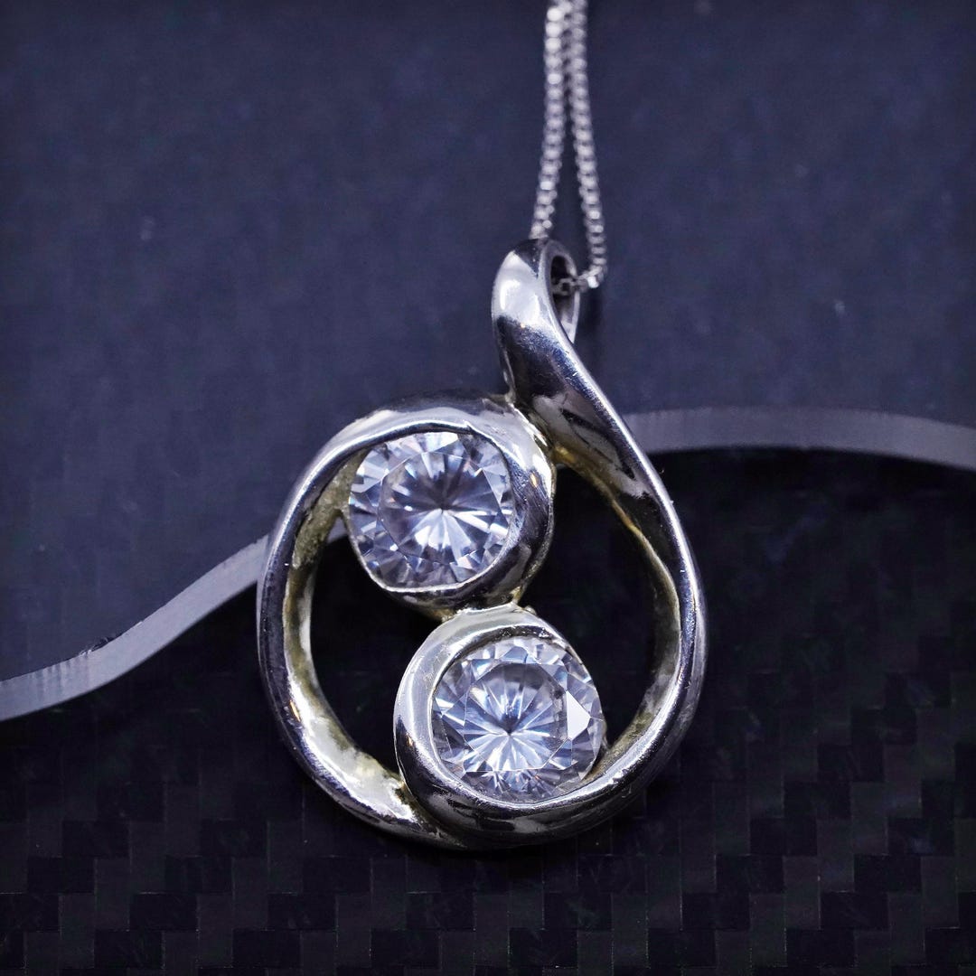 18” 1mm, Vintage Sterling Silver 925 Box Chain Necklace With Cz Circle ...