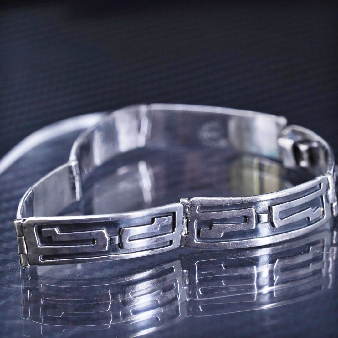 7.5”, Vintage Mexico Hecho Sterling Silver 925 Wide Hinged Bar Bracelet ...