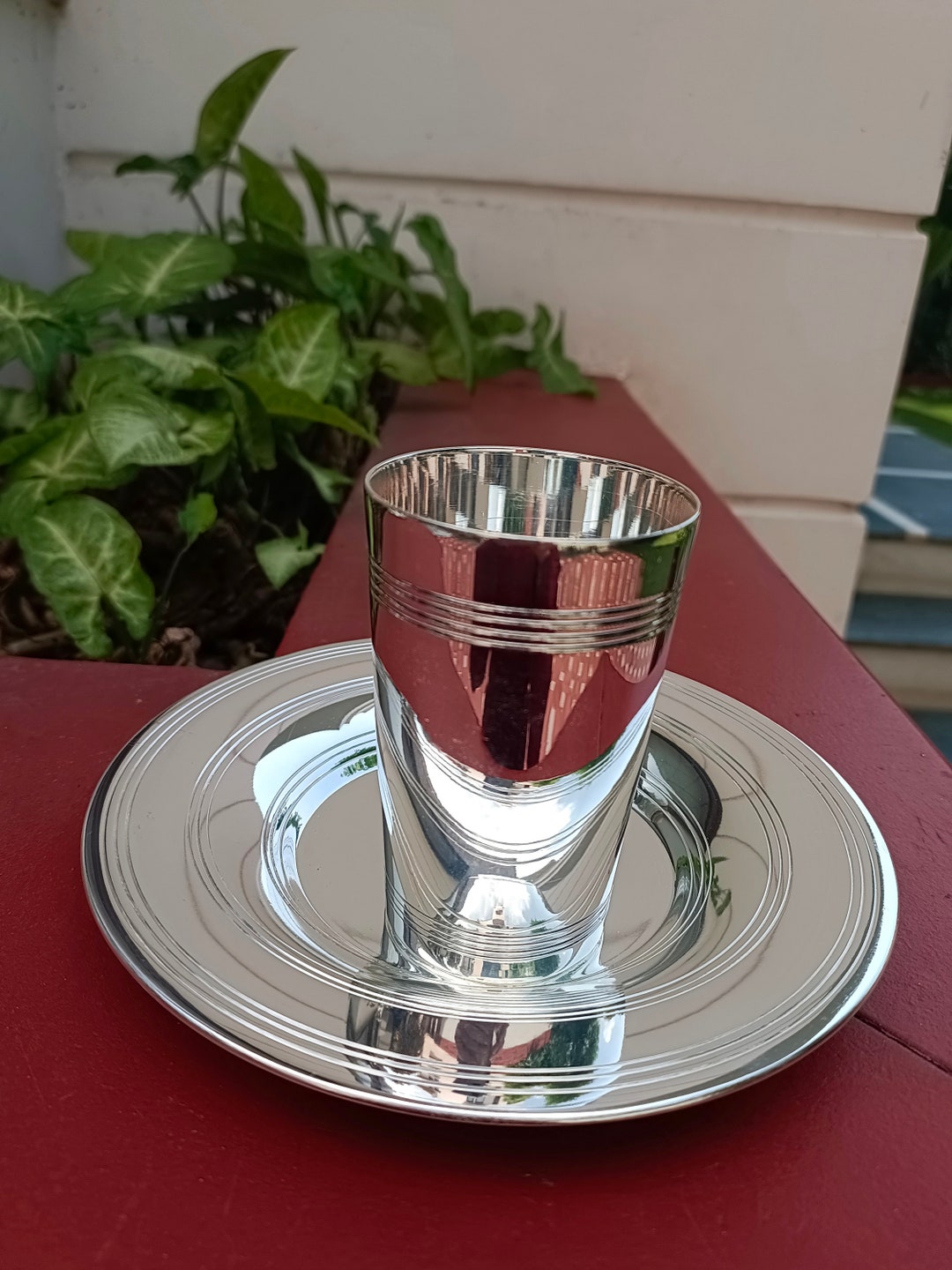 Silver Plated Plain Line Design Kiddush Cup and Plate, Silver ...