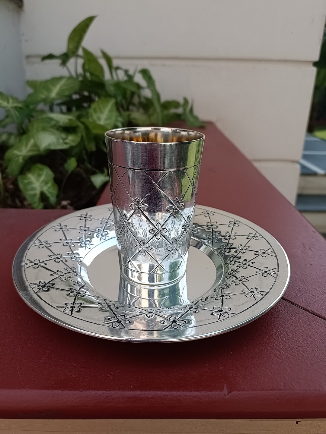 Judaica Silver Coated Cut and Tray Set, Cup Plate, Vintage Style ...