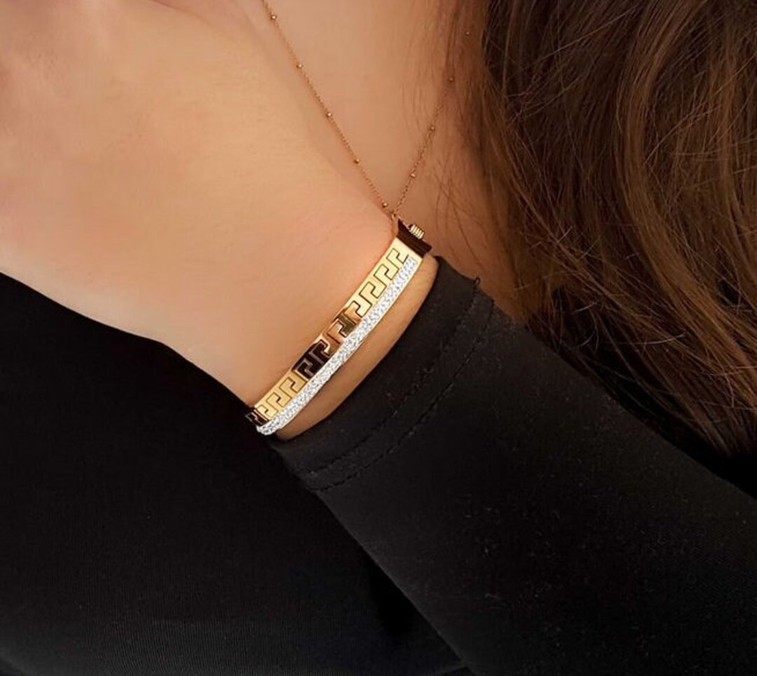 Greek Design Bangle Bracelet, Meander Pattern Bracelet, Gold Wide ...